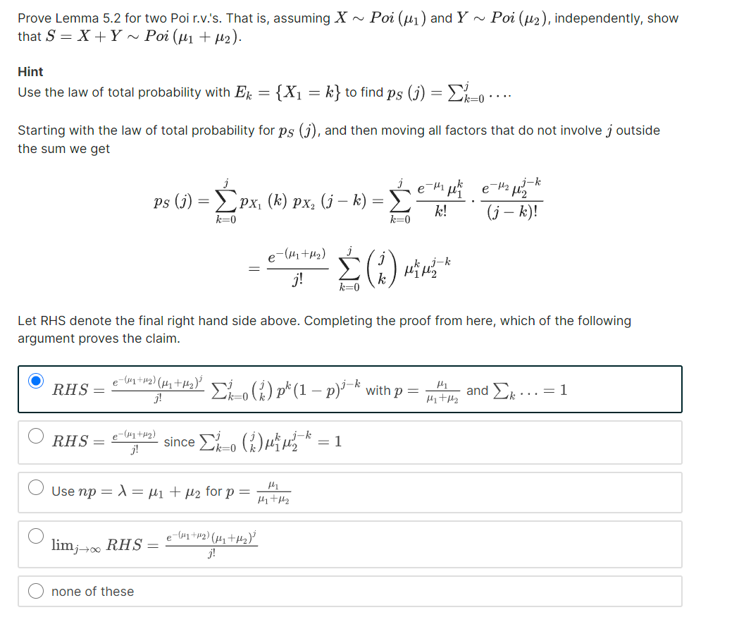 Solved Prove Lemma 5.2 for two Poi r.v.'s. That is, assuming | Chegg.com