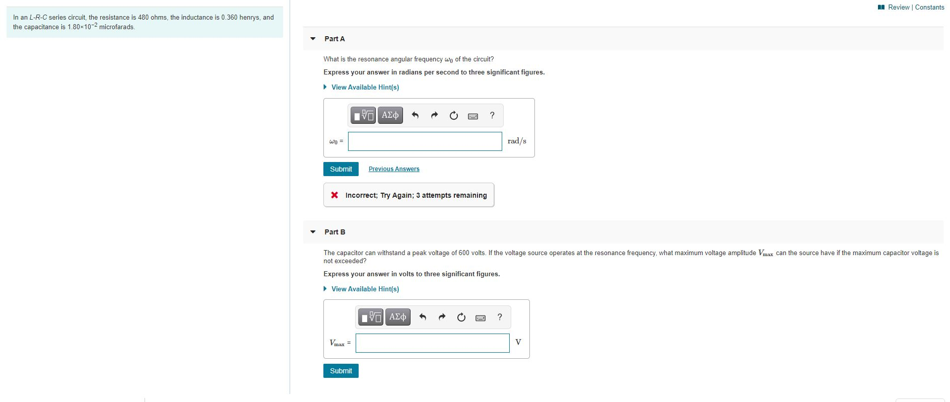 Solved A Review Constants In an L-R-C series circuit, the | Chegg.com