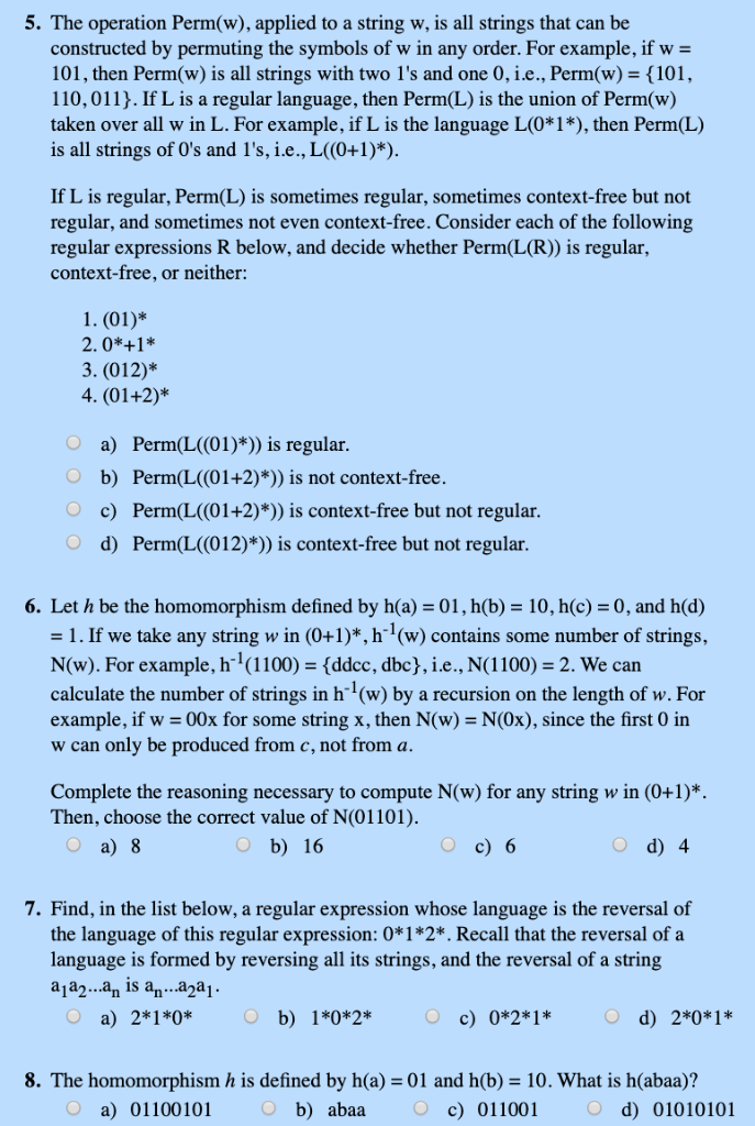 Solved 5. The operation Perm(w), applied to a string w, is | Chegg.com
