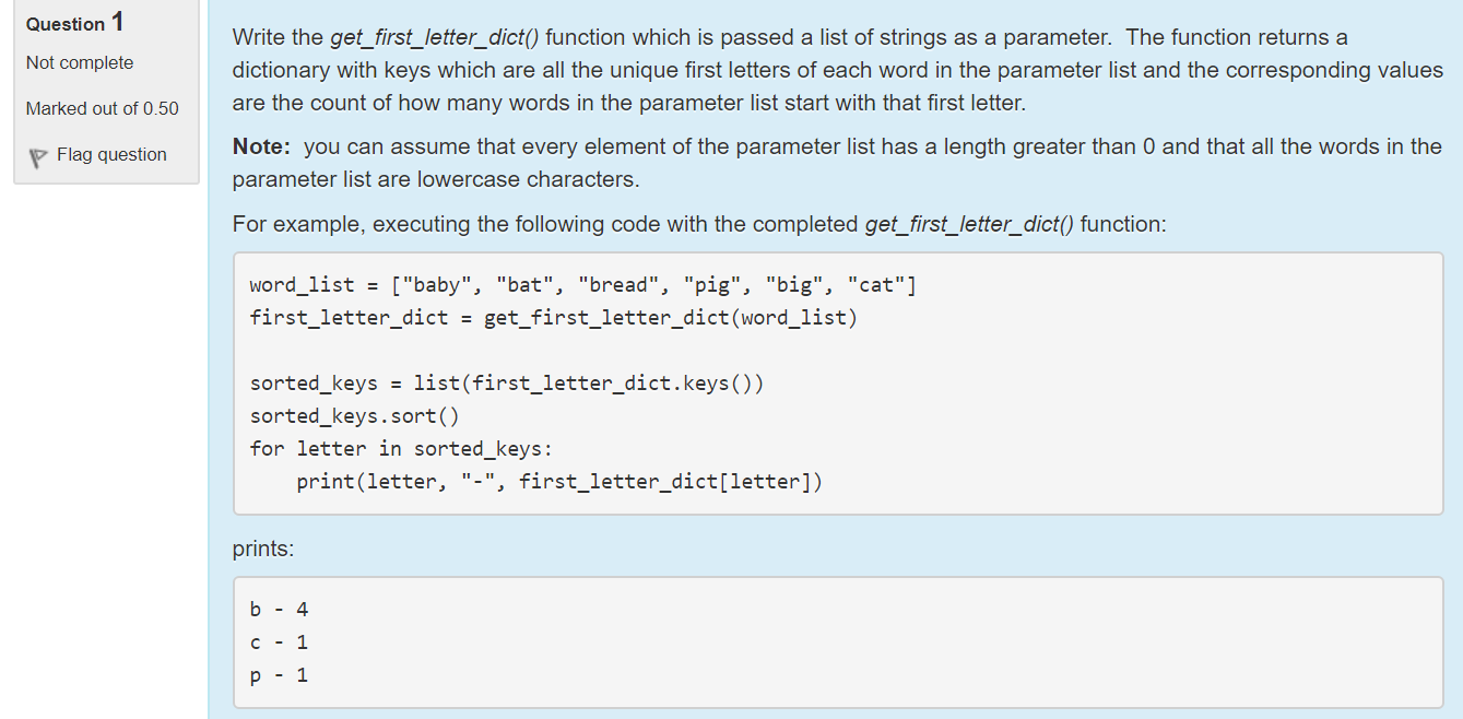 Solved Question 1 Write the get_first_letter_dict() function | Chegg.com