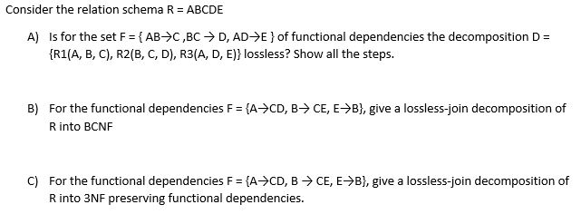 Solved Consider the relation schema R = ABCDE A) is for the | Chegg.com