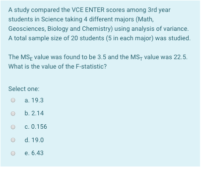 Solved A study compared the VCE ENTER scores among 3rd year | Chegg.com