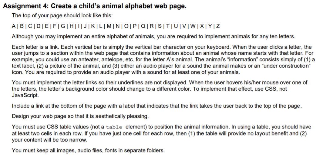 Solved Assignment 4: Create a child's animal alphabet web | Chegg.com