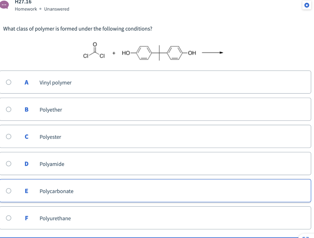 Solved H27.15 Homework Unanswered What class of polymer is | Chegg.com