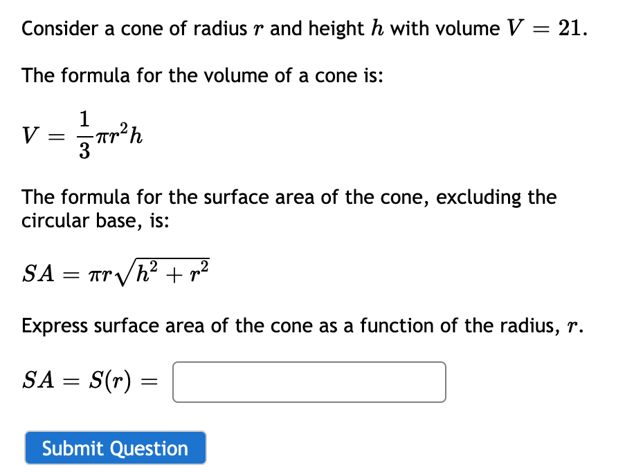 Solved Consider a cone of radius r and height h with volume | Chegg.com