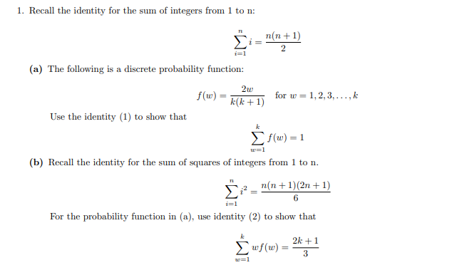 Solved 1. Recall the identity for the sum of integers from 1 | Chegg.com
