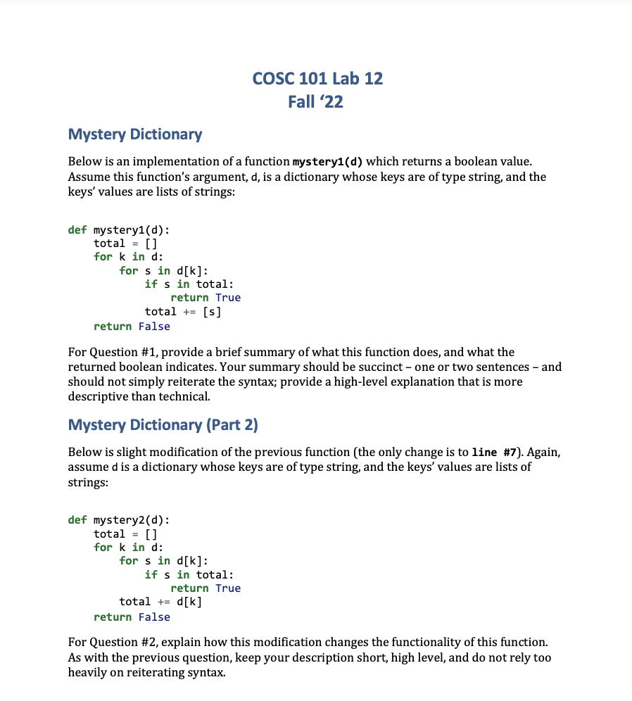 Solved COSC 101 Lab 12 Fall '22 Mystery Dictionary Below is | Chegg.com