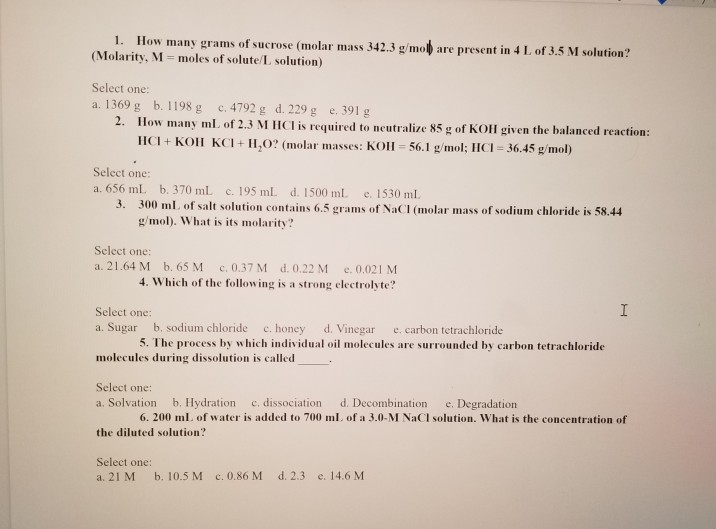 Solved 1. How many grams of sucrose (molar mass 342.3 g/mol | Chegg.com