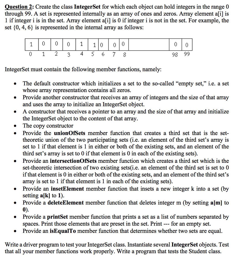 Solved Question 2 Create The Class Integerset For Which 