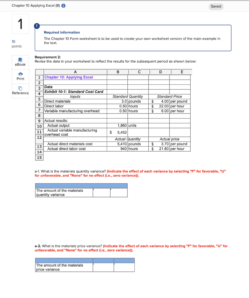 Solved 1 Chapter 10: Applying Excel 3 Data 4 Exhibit 10-1: | Chegg.com