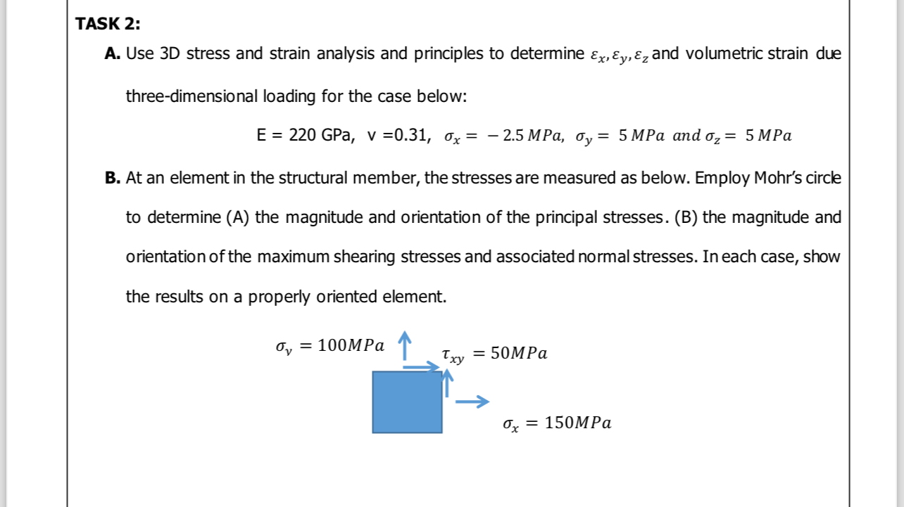 Solved TASK 2:A. ﻿Use 3D ﻿stress and strain analysis and | Chegg.com