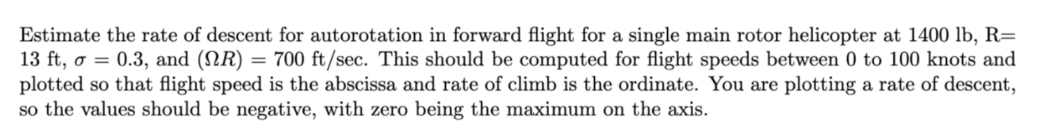 Estimate the rate of descent for autorotation in | Chegg.com