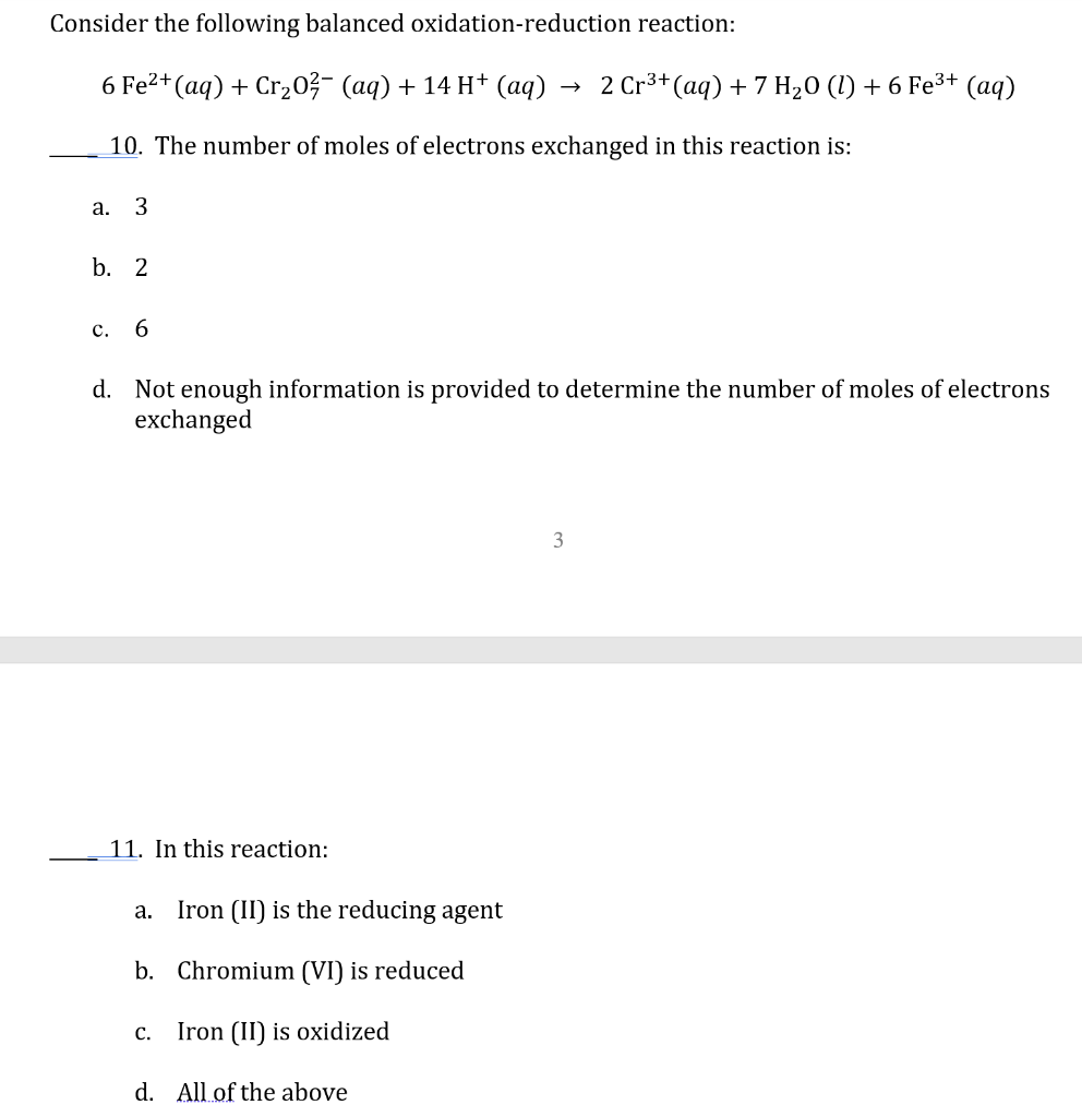 Solved Consider the following balanced oxidation-reduction | Chegg.com