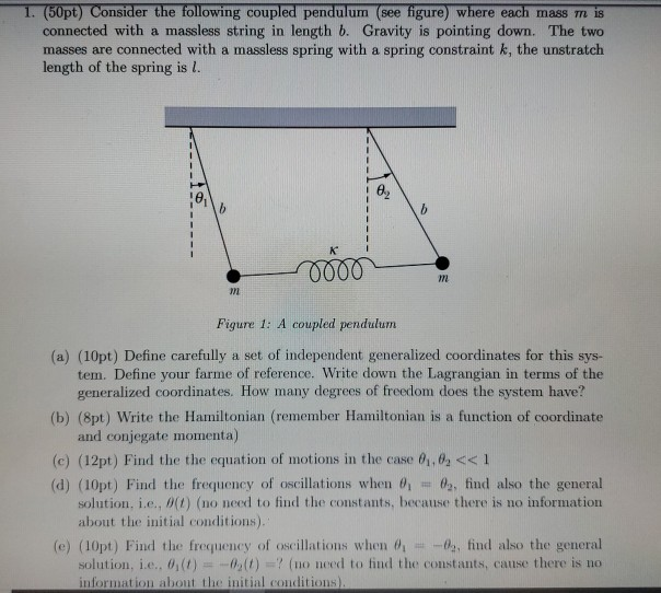 Solved 1. (50pt) Consider the following coupled pendulum | Chegg.com