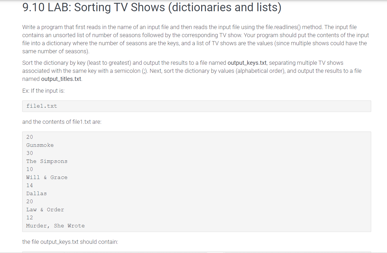 Solved 9.10 LAB: Sorting TV Shows (dictionaries and lists) | Chegg.com