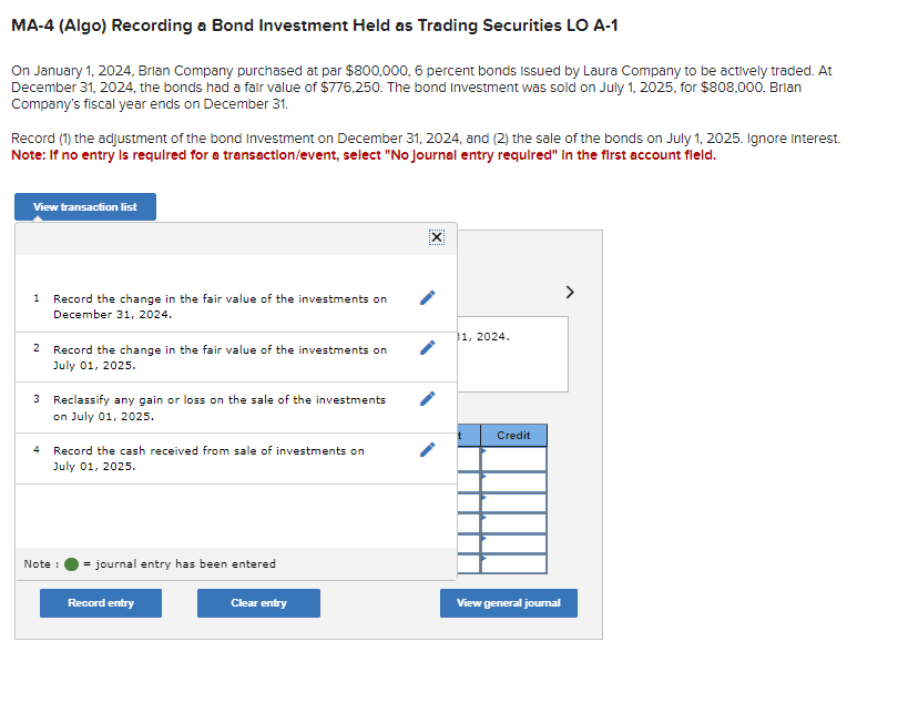 Solved MA-4 (Algo) Recording a Bond Investment Held as | Chegg.com