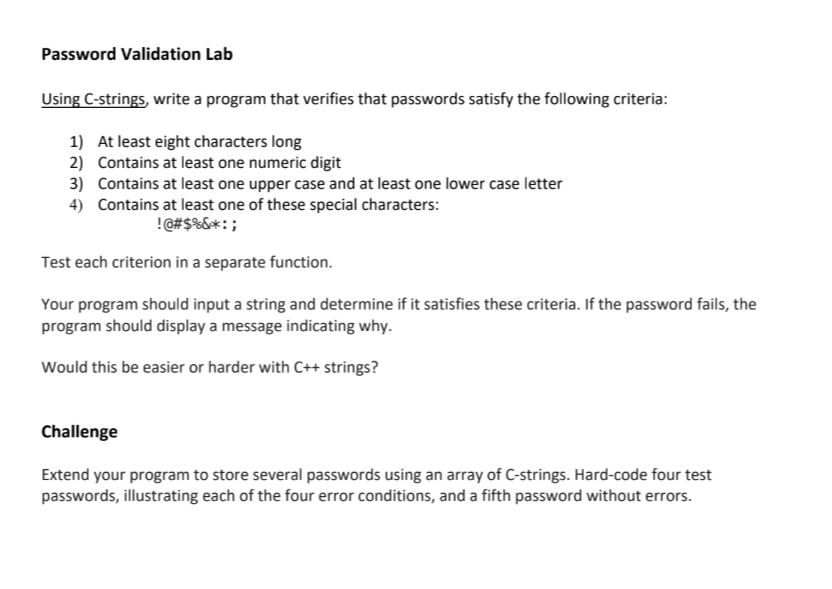 Solved Password Validation Lab Using C Strings Write A