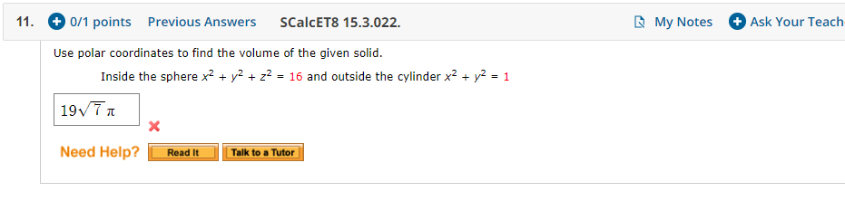Solved 11. 0/1 points Previous Answers CalcET8 15.3.022. My | Chegg.com