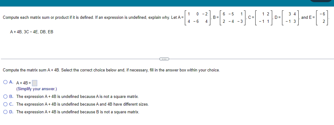 Solved Compute each matrix sum or product if it is defined. | Chegg.com
