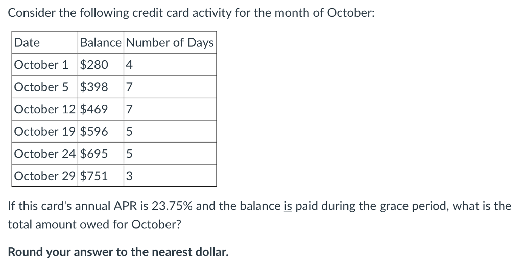 Solved Consider the following credit card activity for the | Chegg.com