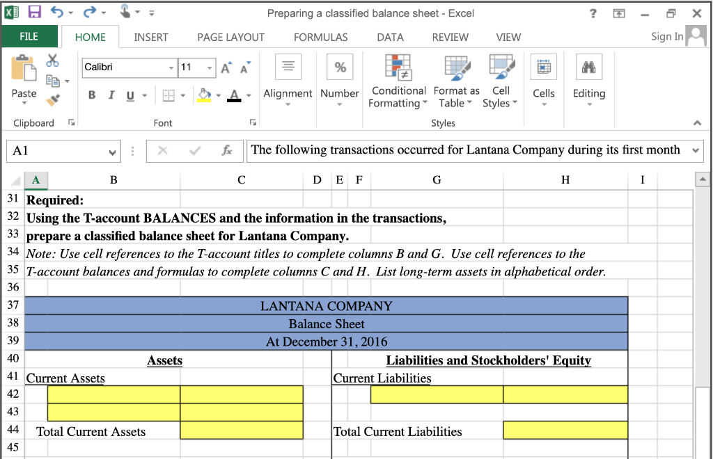 Solved Preparing a classified balance sheet - Excel ? क X | Chegg.com