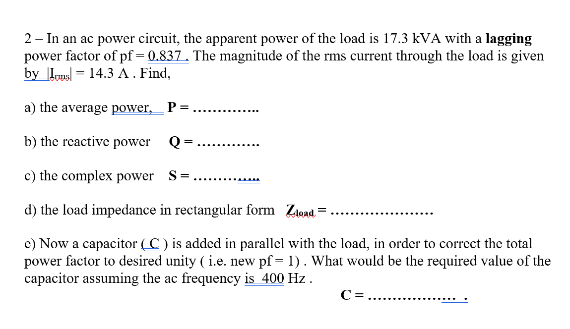 Solved 2 - In an ac power circuit, the apparent power of the | Chegg.com