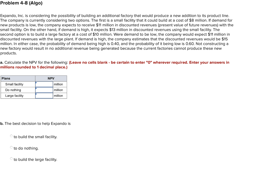Solved Problem 4-8 (Algo) Expando, Inc. is considering the | Chegg.com