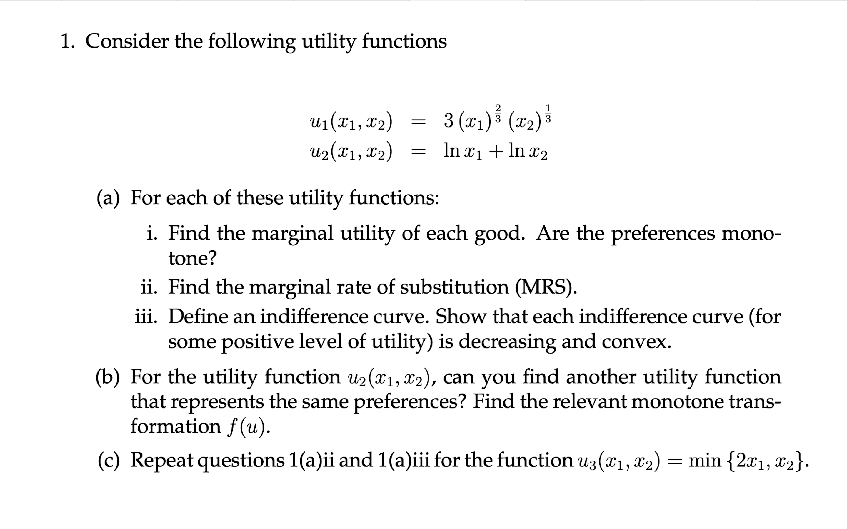 Solved 1. Consider the following utility functions | Chegg.com