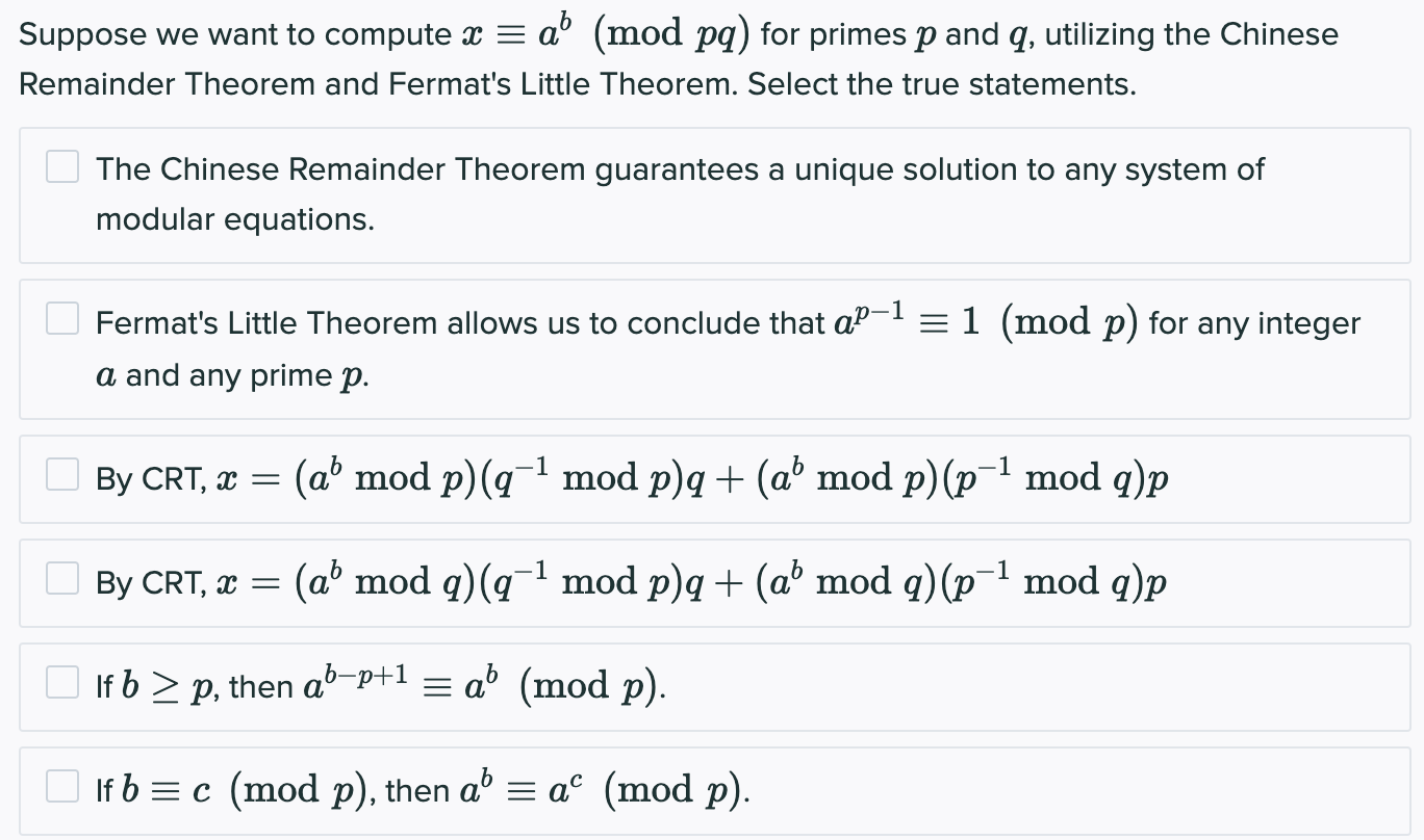 Solved Suppose we want to compute x≡ab(modpq) for primes p | Chegg.com