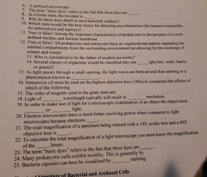 Solved 6 A Parfocal Microscope 7 The Term Basic Dyes