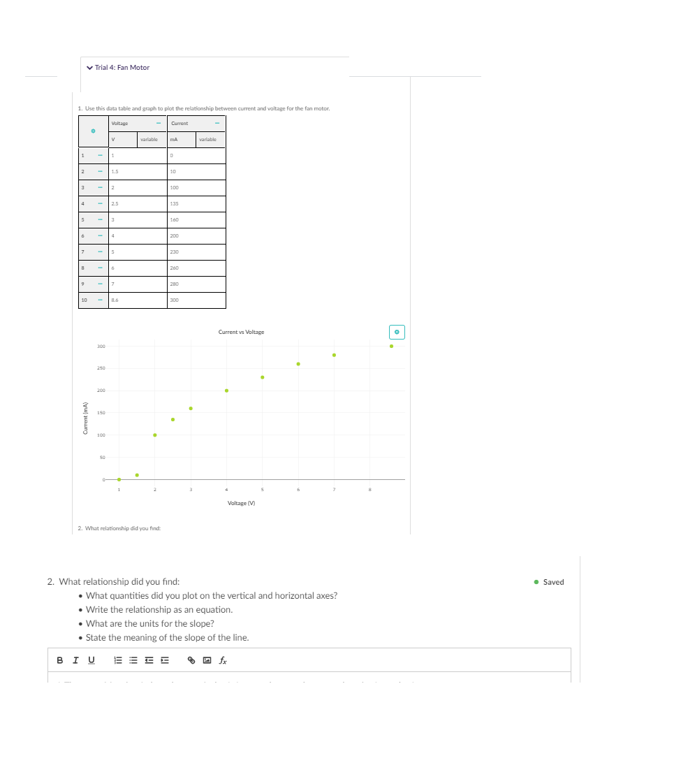 Solved Trial 4: Fan Motor 1. Use this data table and graph | Chegg.com