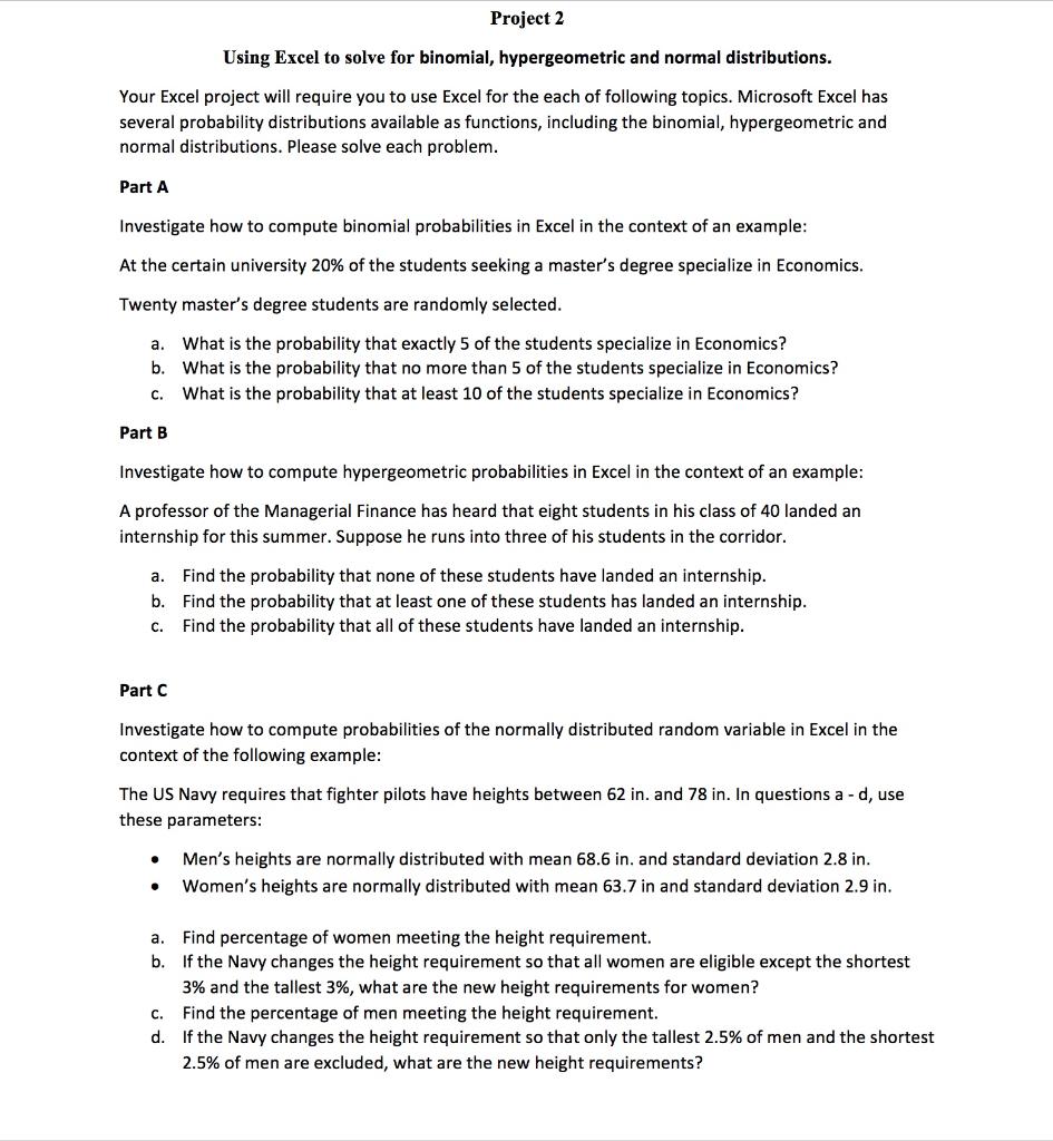 Solved Project 2 Using Excel to solve for binomial, | Chegg.com