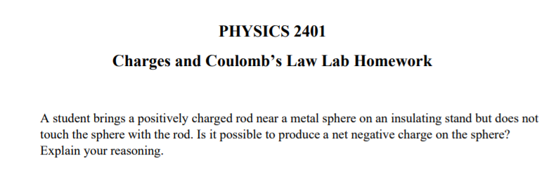 Solved PHYSICS 2401 Charges and Coulomb's Law Lab Homework A | Chegg.com