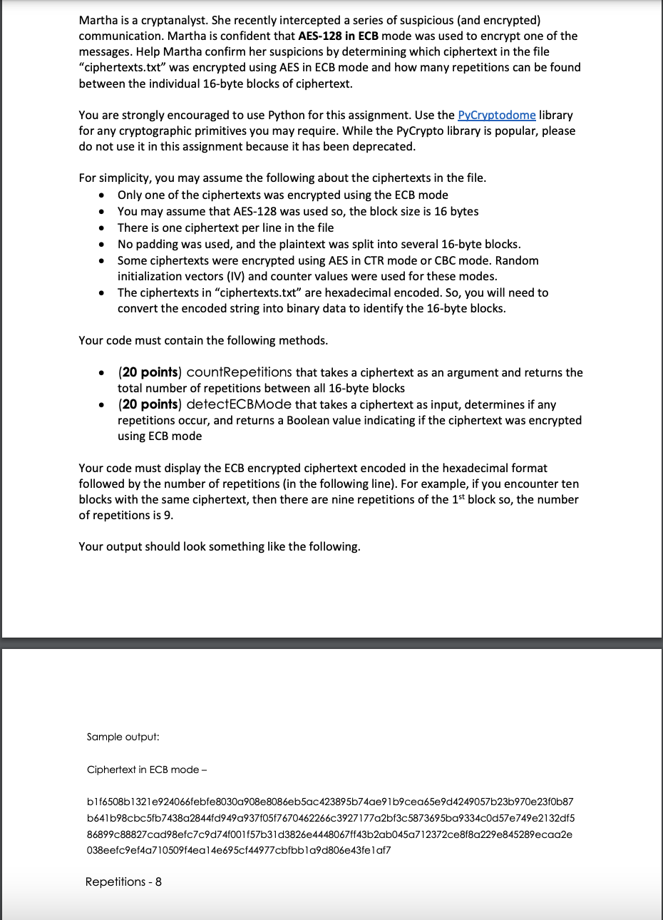 Martha is a cryptanalyst. She recently intercepted a | Chegg.com