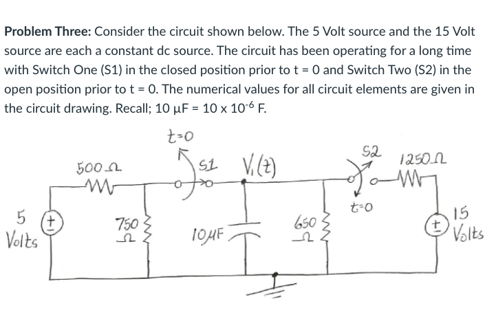 Solved a) Determine the numerical value for V1(t = 0-). b) | Chegg.com