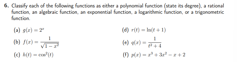 Solved 6. Classify each of the following functions as either | Chegg.com