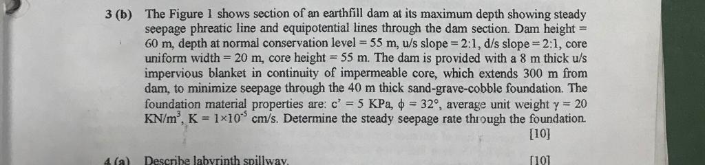 Solved 3(b) The Figure 1 shows section of an earthfill dam | Chegg.com