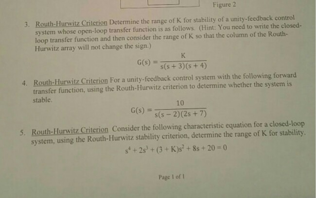 Figure 2 3 Routh Hurwitz Criterion Determine Range K Stability Unity ... Figure 2 3 Routh Hurwitz Criterion Determine Range K Stability Unity ...