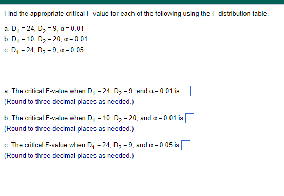 Solved Find the appropriate critical F-value for each of the | Chegg.com