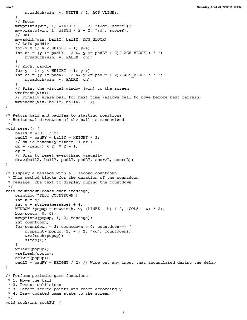 Solved Below is a 2 player ping pong game that works over a | Chegg.com