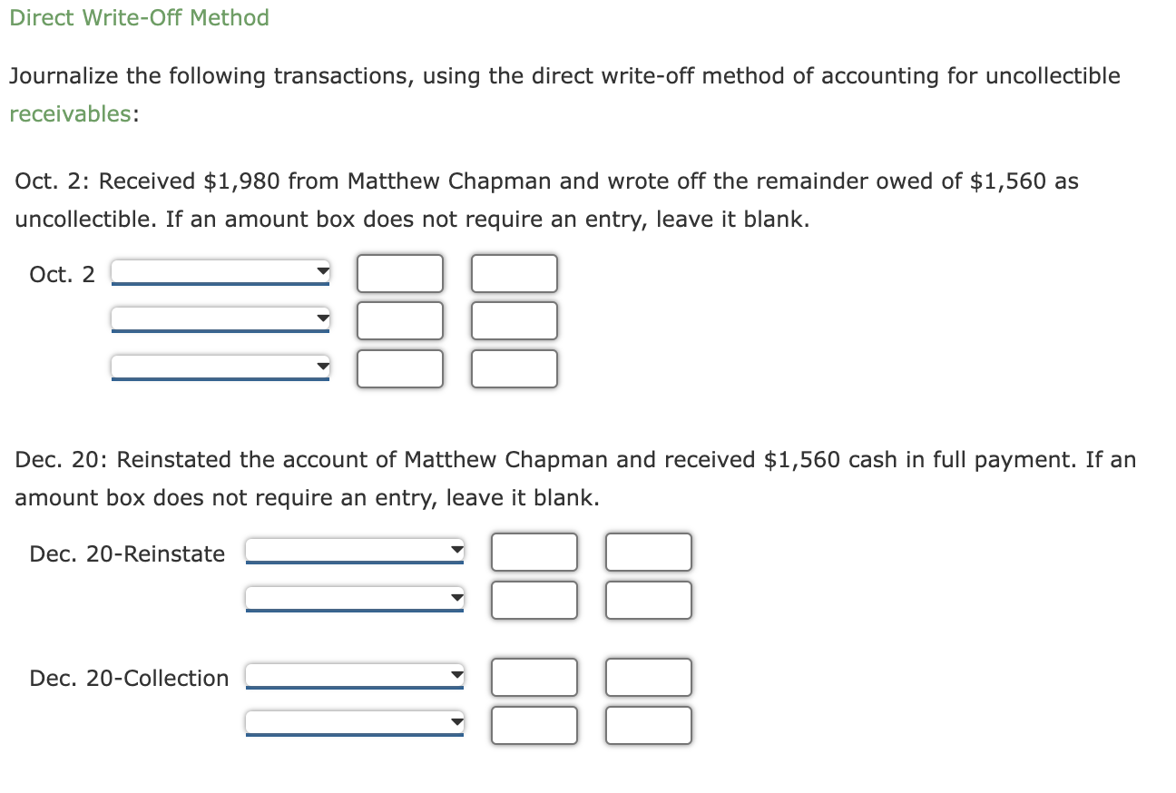 Solved Direct Write-Off Method Journalize the following | Chegg.com