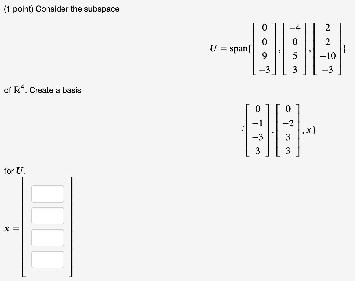 Solved (1 point) Consider the subspace 0 -4 2 2 ----300 U = | Chegg.com