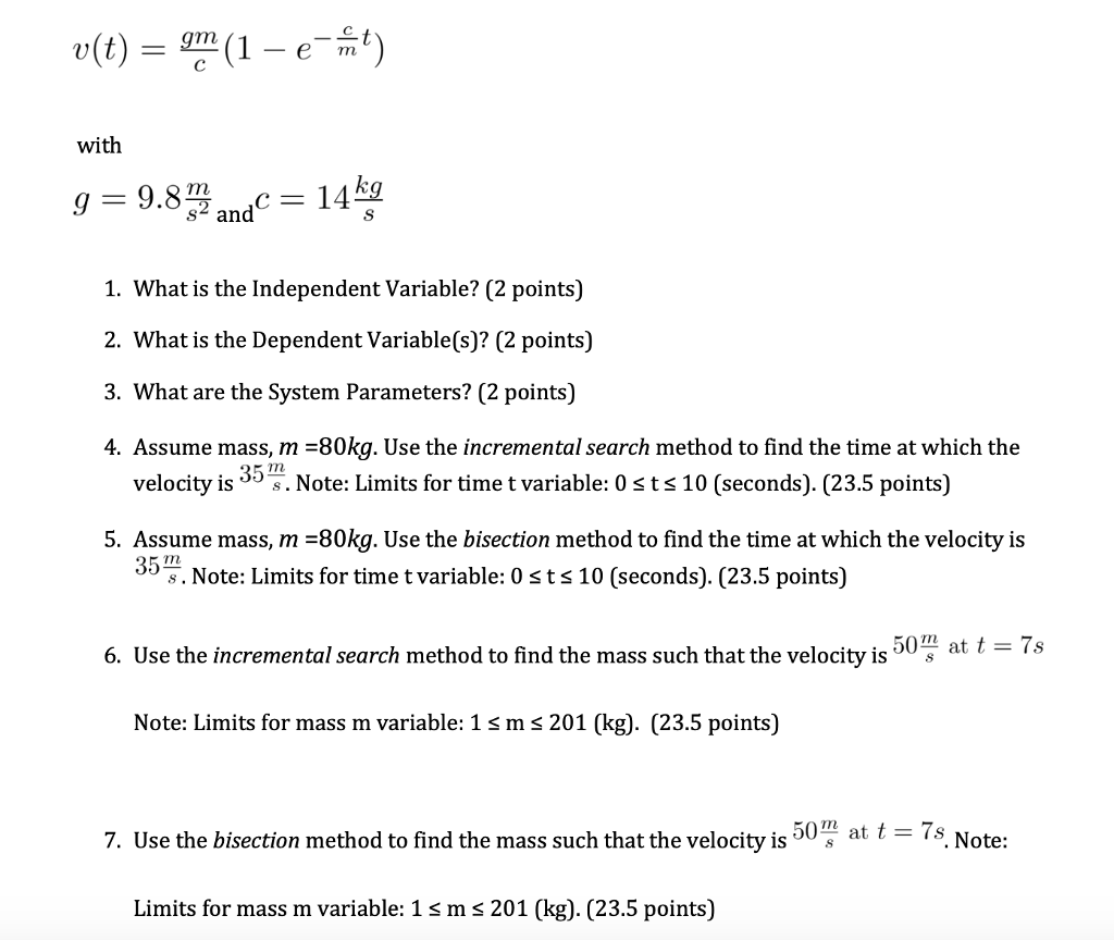 Homework 1: Roots of Non-Linear Equations A Parachute | Chegg.com