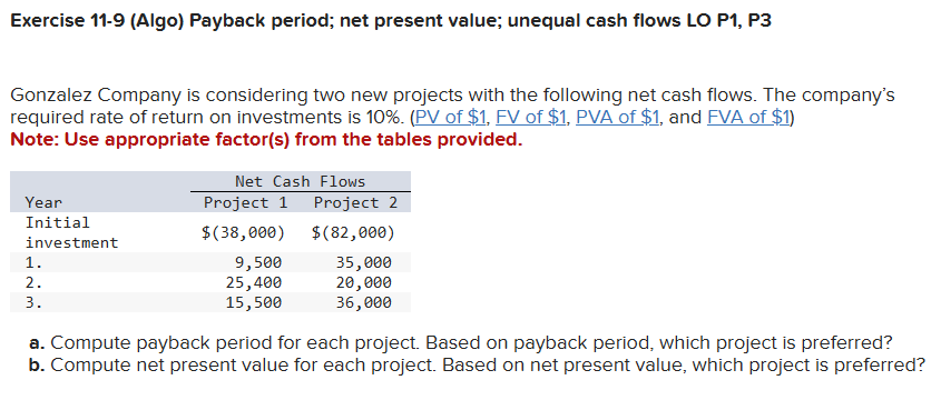 Solved Exercise 11-9 (Algo) ﻿Payback period; net present | Chegg.com