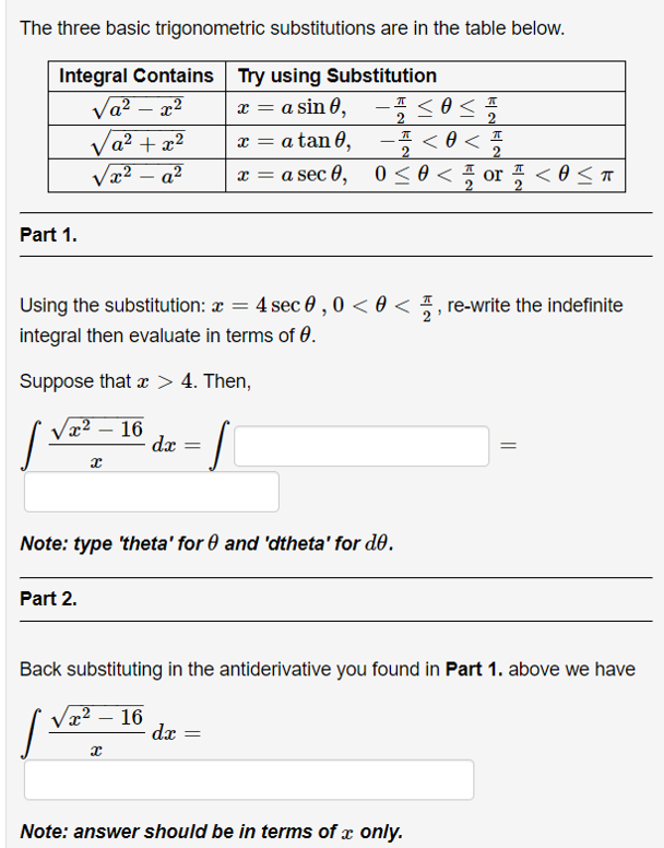 Solved The three basic trigonometric substitutions are in | Chegg.com