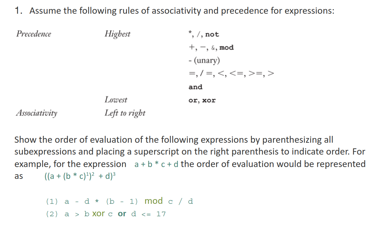 Solved 1. Assume the following rules of associativity and | Chegg.com
