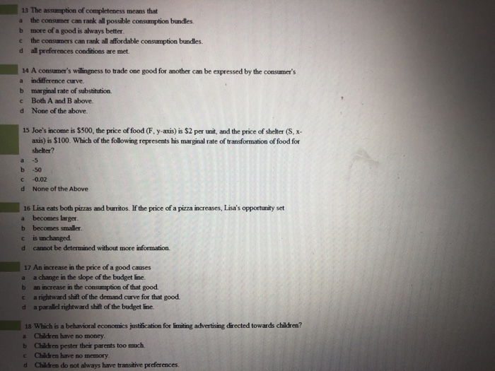 Solved 13 The assumption of completeness means that a the | Chegg.com