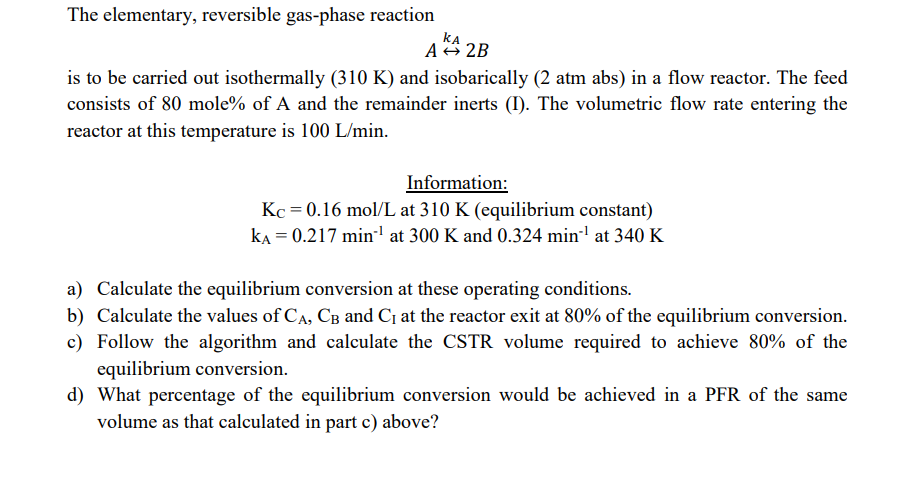 Solved The elementary, reversible gas-phase reaction A KA 2B | Chegg.com