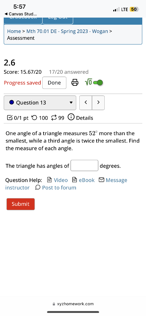 Solved One angle of a triangle measures 52∘ more than the | Chegg.com