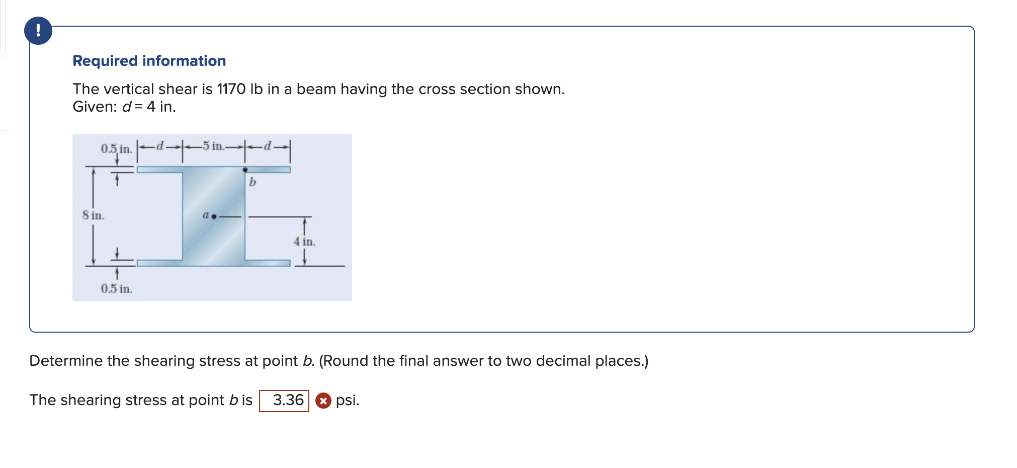 Solved Required information The vertical shear is 1170lb in | Chegg.com